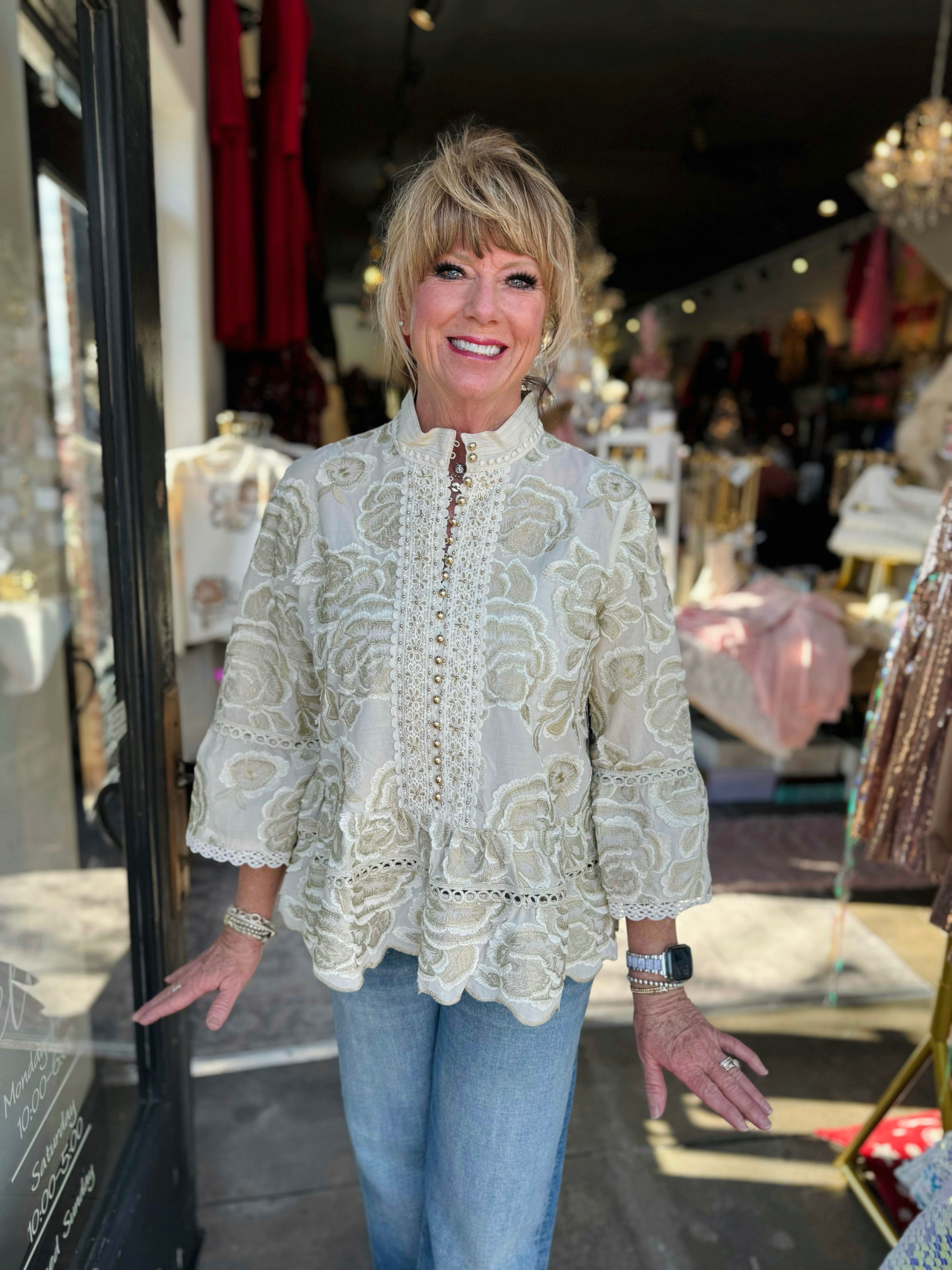 John Mark Ivory Emb Blouse Gold Button – Amelias